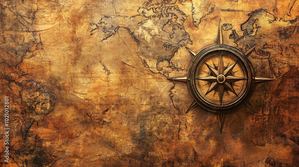 Ancient Compass on Vintage World Map, an intricate illustration ...