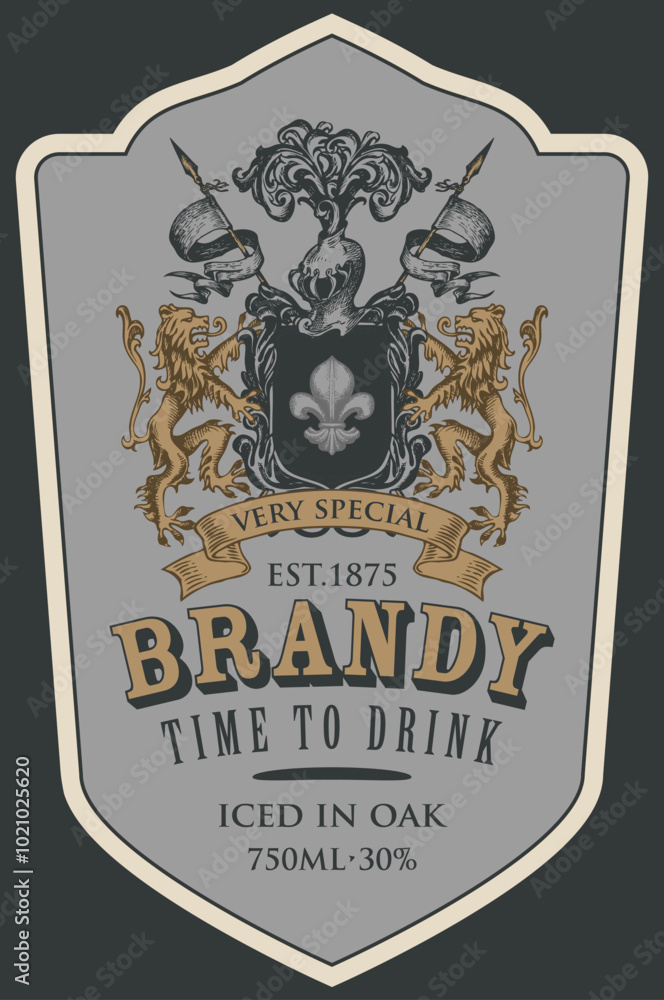 Hand-drawn banner or label for Brandy with coat of arms on an old paper ...