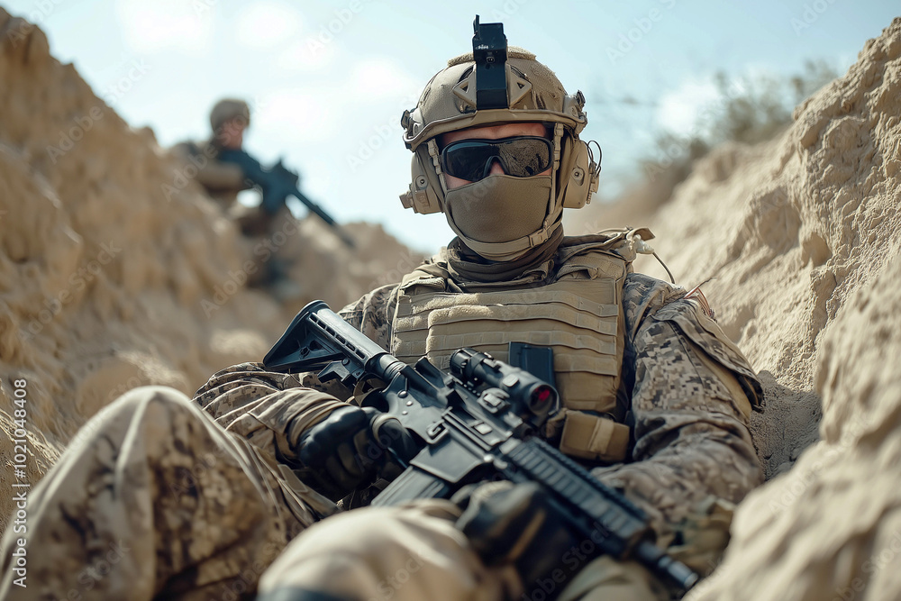 An armed soldier sits in a trench on a clear day, wearing a helmet, a ...