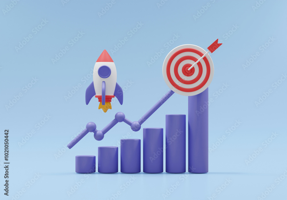 3D rendered illustration of a rocket launch icon alongside an upward ...
