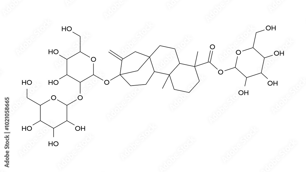 stevioside molecule, structural chemical formula, ball-and-stick model ...
