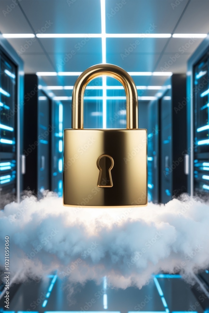 Golden lock symbol on white cloud in server room featuring flashing ...