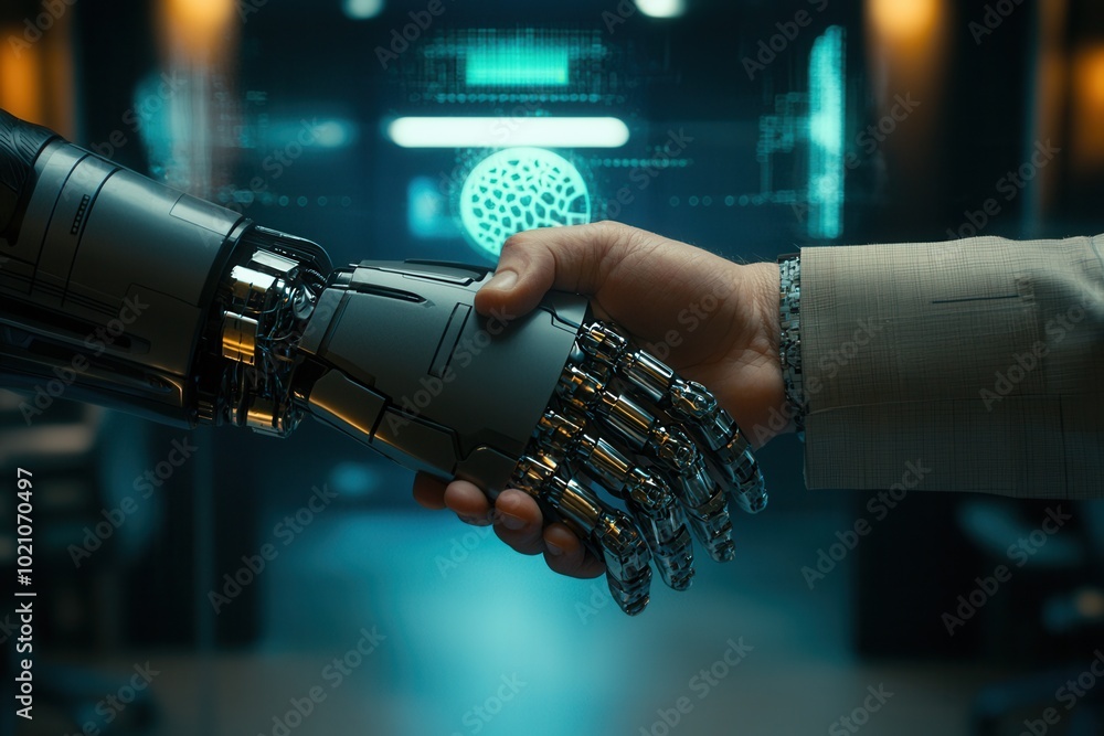 Mensch Roboter Handschlag Künstliche Intelligenz Zusammenarbeit ...