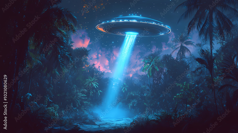 A bright, colorful ufo hovers above a lush, alien jungle at night ...