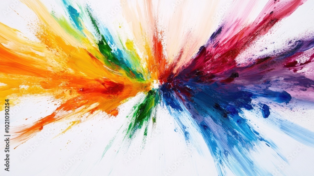 Rainbow paint explosion in mid-splash, with bright colors radiating ...