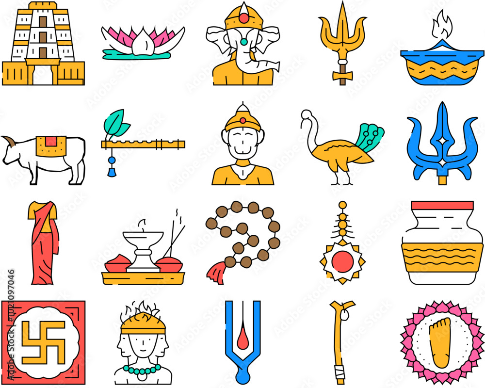 hinduism hindu god om icons set vector. india krishna, sculpture indian ...
