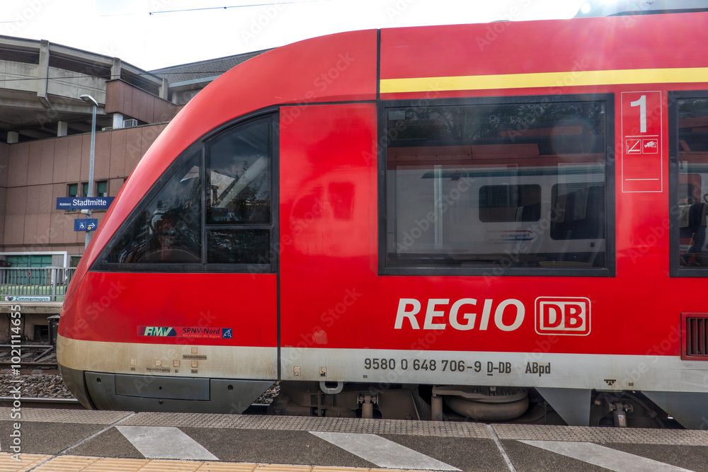 Koblenz, Germany - April 24, 2024: A red regional train of the German ...