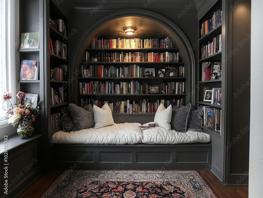 Cozy library with built-in dark gray shelves and reading nooks Stock ...