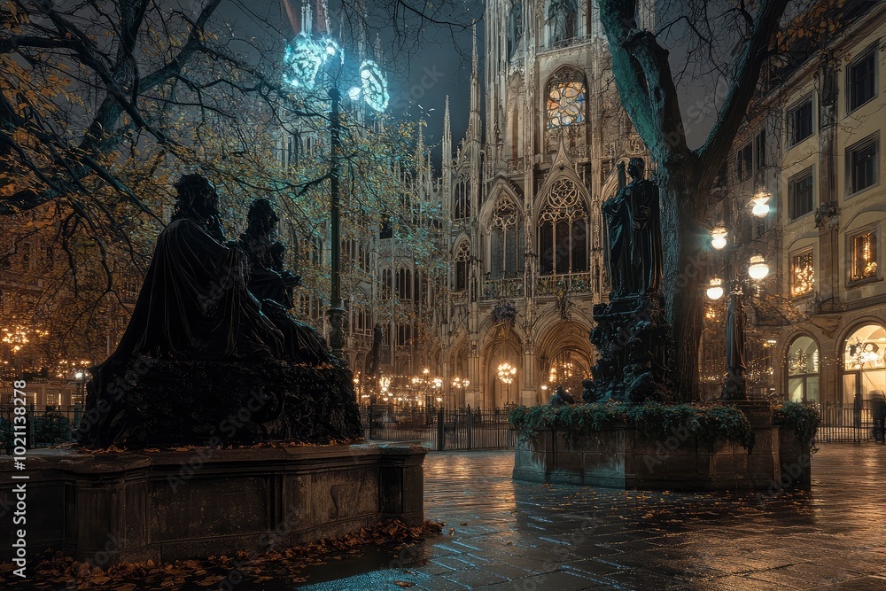 Marienplatz at night, Munich, Germany. Creepy mystery view of dark ...