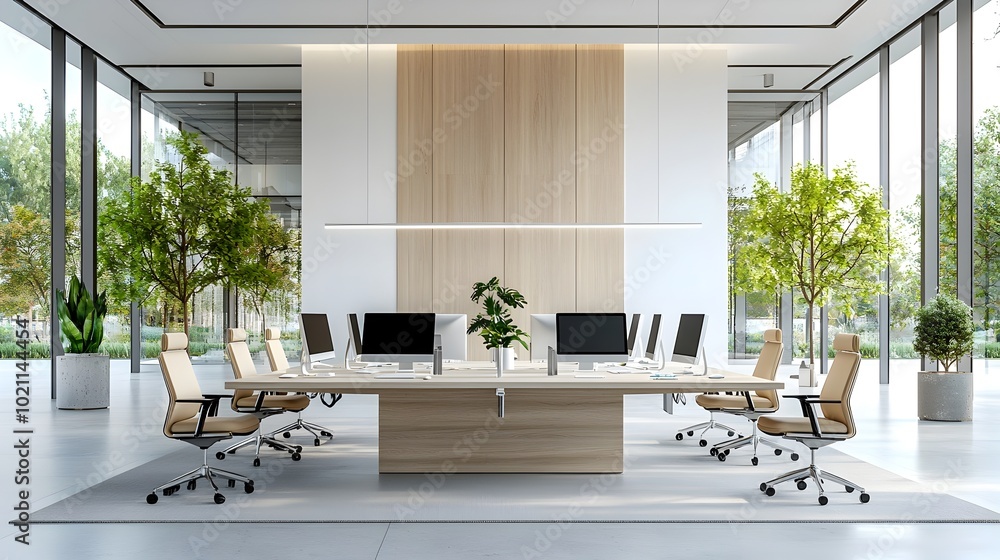 High angle view of a sleek minimalist office workspace with multiple ...