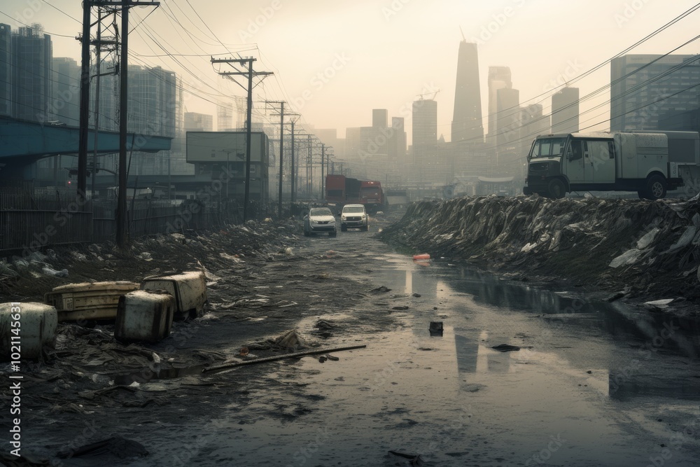 polluted gray city full of garbage and dirt with large skyscrapers in ...