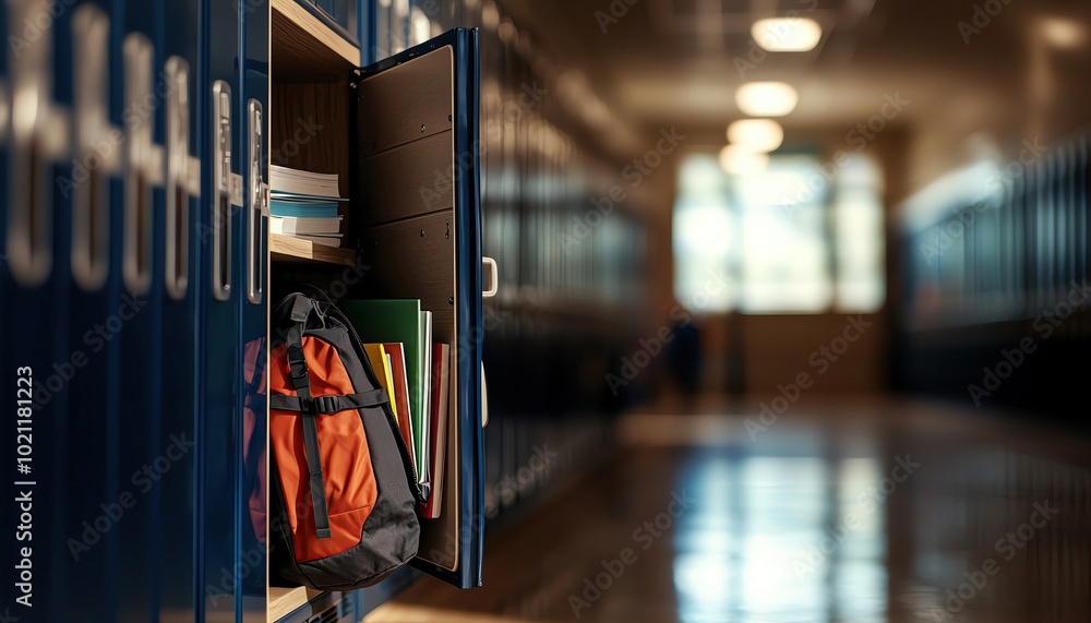 Row of lockers in a school hallway, with one locker slightly ajar ...