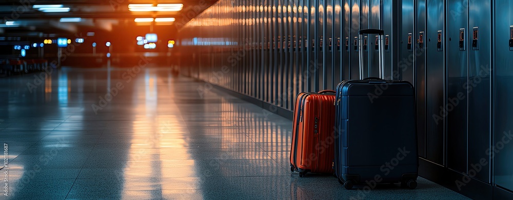 Travel lockers lined up in an airport terminal, with luggage placed in ...