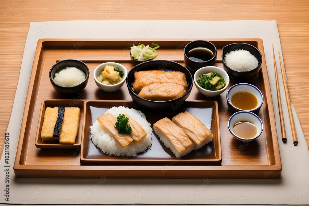 A traditional japanese breakfast set with grilled fish miso soup rice ...