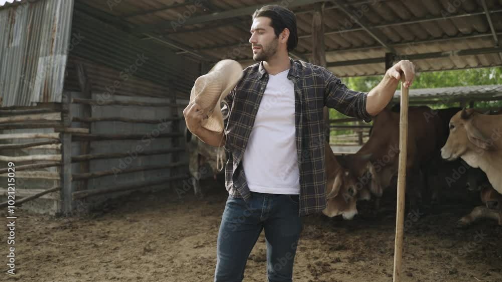 Portrait of a happy handsome male farm worker working cleaning a ...