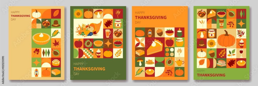 Four colorful cards with a Thanksgiving theme. Each card has a ...
