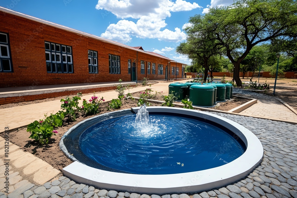 A rural school with rainwater harvesting tanks installed, ensuring a ...
