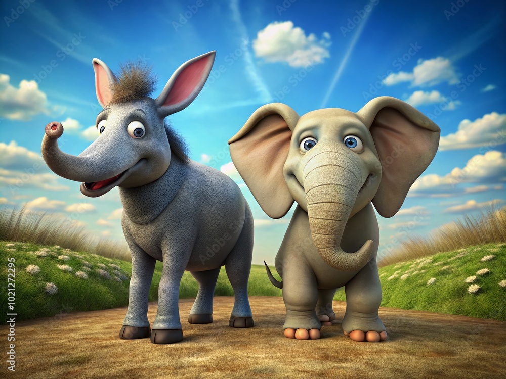 Cartoon elephant and donkey characters representing friendly rivalry in ...