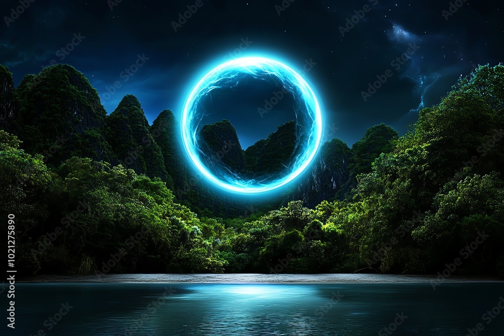 Fantasy artwork of a glowing orb of light floating above a serene ...