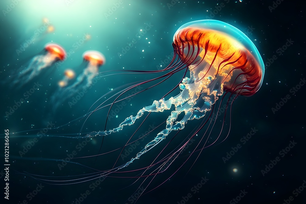 Captivating deep sea portrait of a bioluminescent jellyfish with its ...