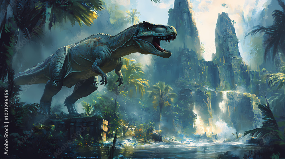 Illustration of a prehistoric jungle teeming with dinosaurs ancient ...