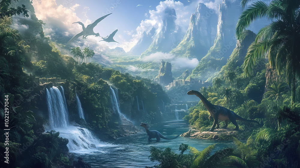 Illustration of a prehistoric jungle teeming with dinosaurs ancient ...