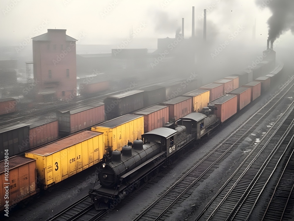 Heavy duty freight trains laden with cargo of coal steel and natural ...