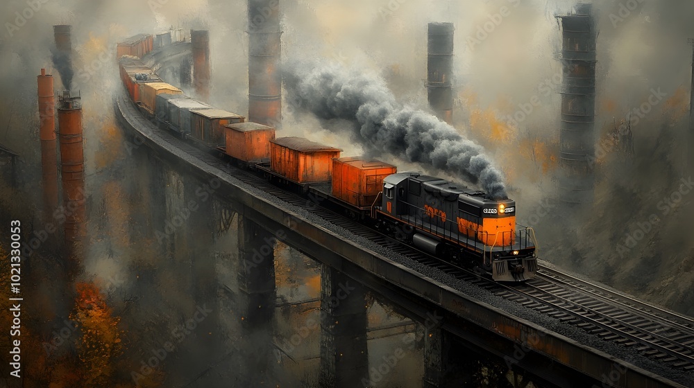 Freight trains transporting coal metal and raw materials through a ...