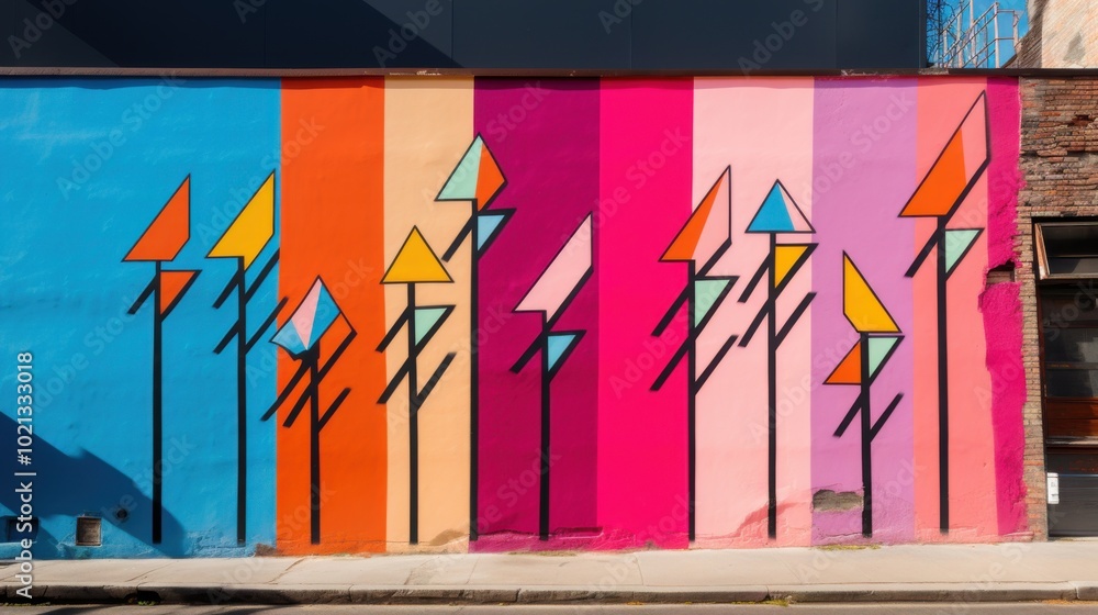 Colorful arrows point skyward, adorning a vibrant mural on a city wall ...