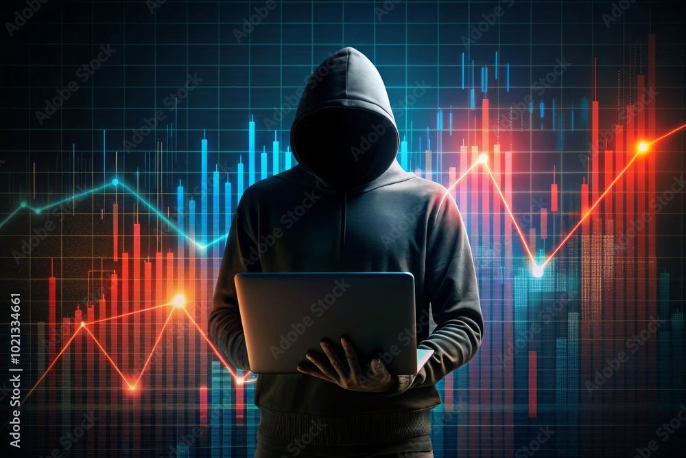 Hacker at desktop using laptop with forex chart on blurry office ...