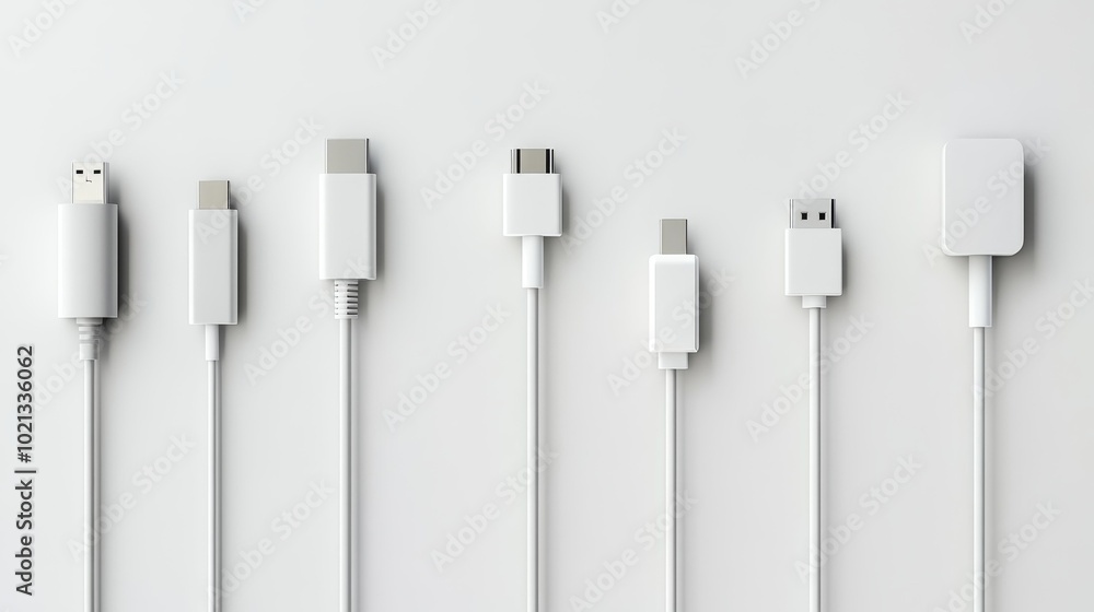 Set of charging cables with various connectors arranged in a neat row ...