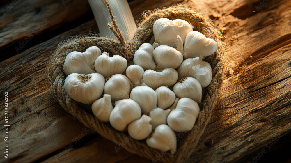 Garlic bulbs in a heart-shaped jute container on rustic wooden ...