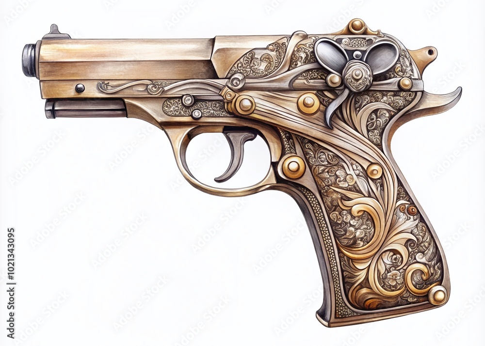 Detailed Sketch of a Pistol Illustrating Intricate Design Elements and ...