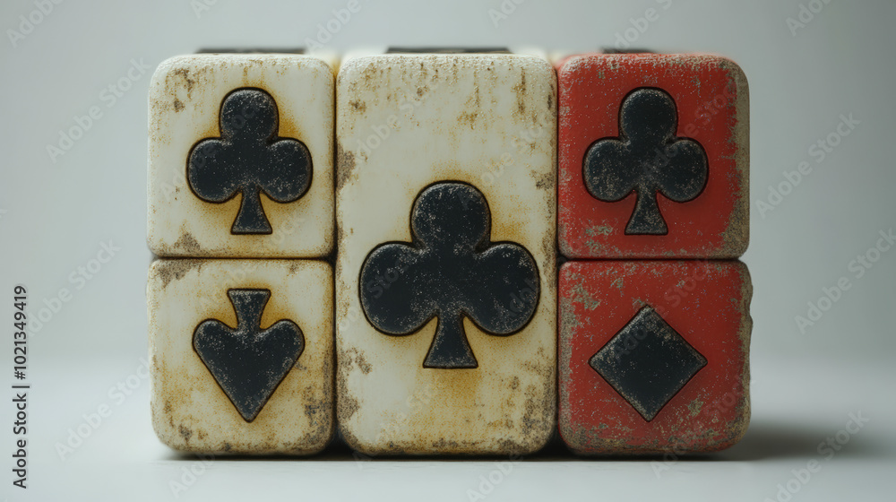 Worn wooden blocks displaying symbols of playing card suits: clubs ...
