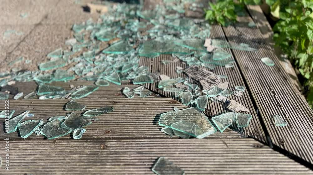 Vidéo Stock Broken glass shards scattered across a wooden surface ...