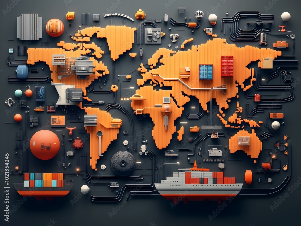 AI Orchestrated Global Logistics An intricate world map charting the ...
