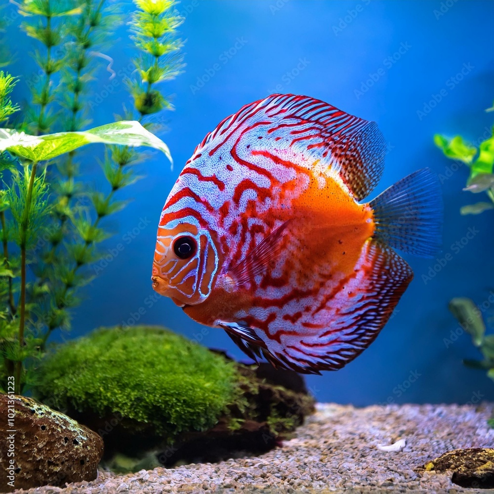 aquarium fish discus swim among algae and stones corrals and underwater ...