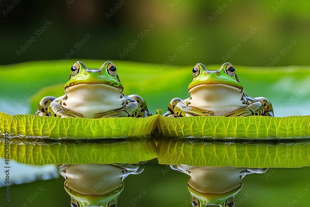 Frogs Sitting on Lily Pads: A pair of frogs resting on large green lily ...