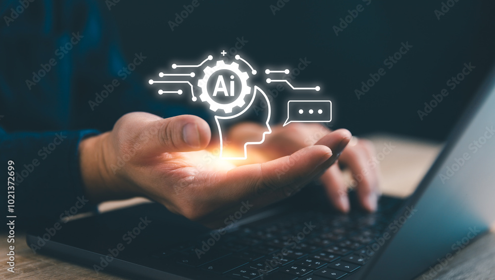Man use intelligent AI technology on laptop, AI(Artificial intelligence ...
