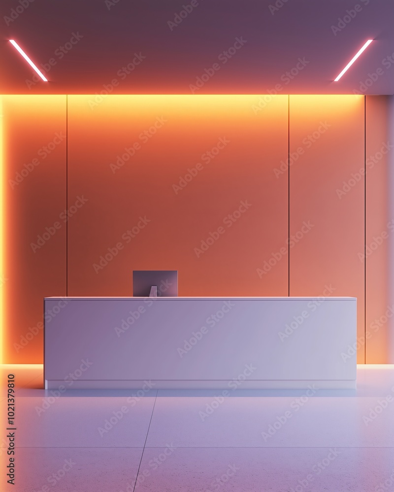Minimalist reception desk with bold orange backlighting, sleek modern ...