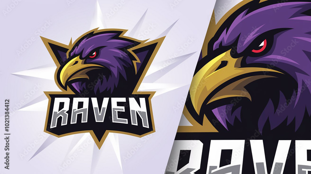 Purple Raven Mascot Logo Design with Golden Beak and Angry Eyes Stock ...