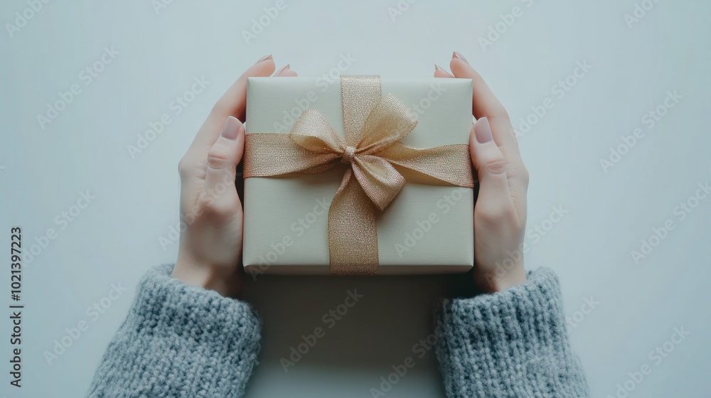 Female hands opening gift box on white background, copy space right ...