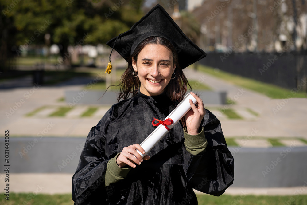 Woman recent graduated, dressed in cap and gown, showing off his degree ...