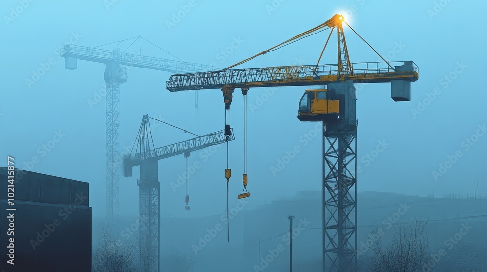 Construction Cranes in the Mist: Building the Future, showcasing the ...