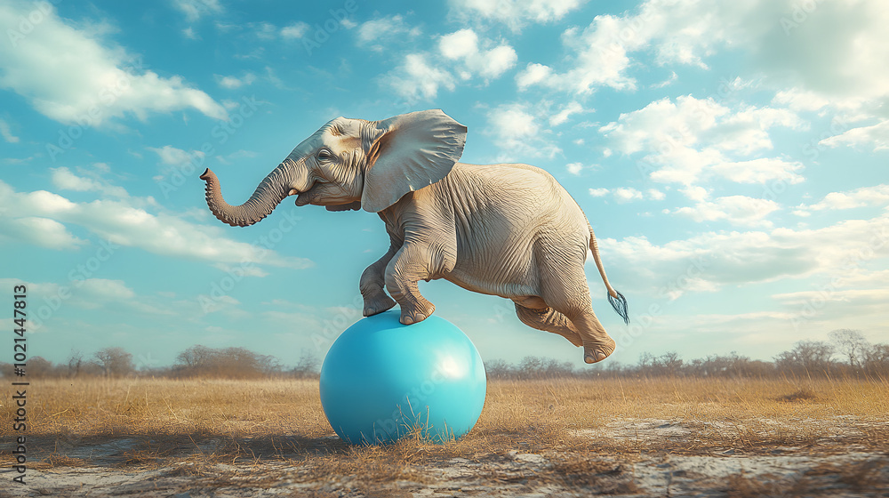 An elephant balancing on an inflatable ball in the savannah ...