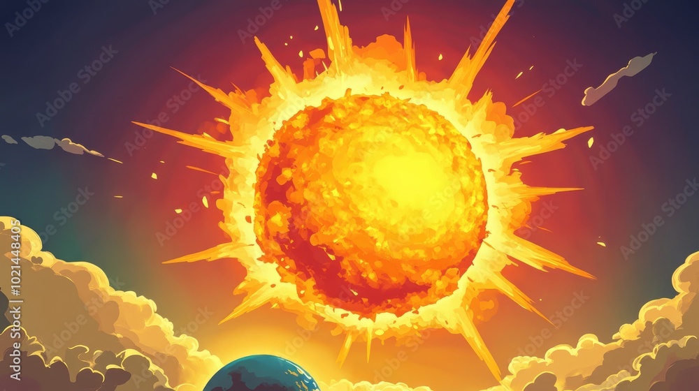 2D cartoon style illustration depicting the sun expanding into a ...
