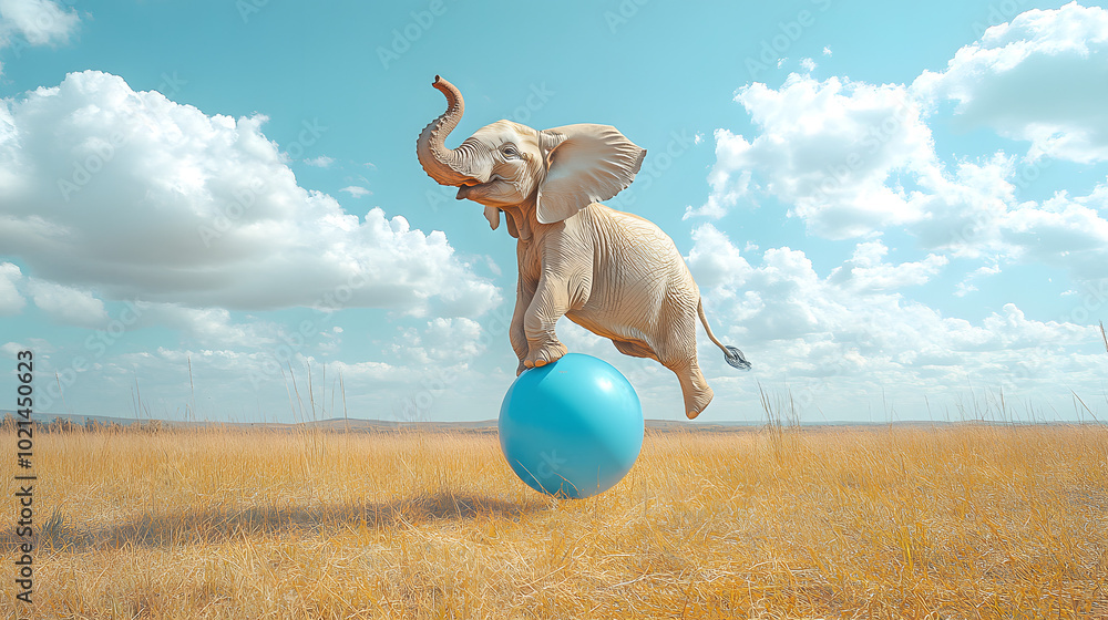 An elephant balancing on an inflatable ball in the savannah ...