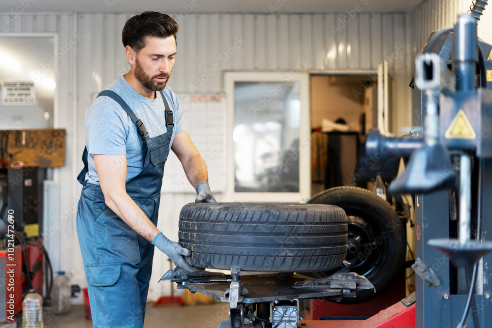 Mechanic mounting a tire on a tire changer machine for seasonal tire ...