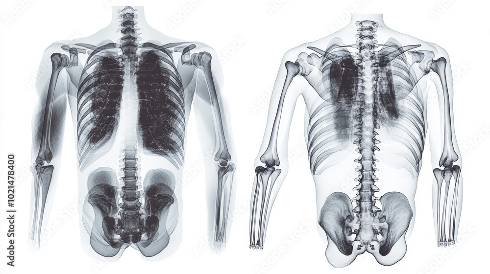X-ray image of a human skeleton showcasing front and back views ...