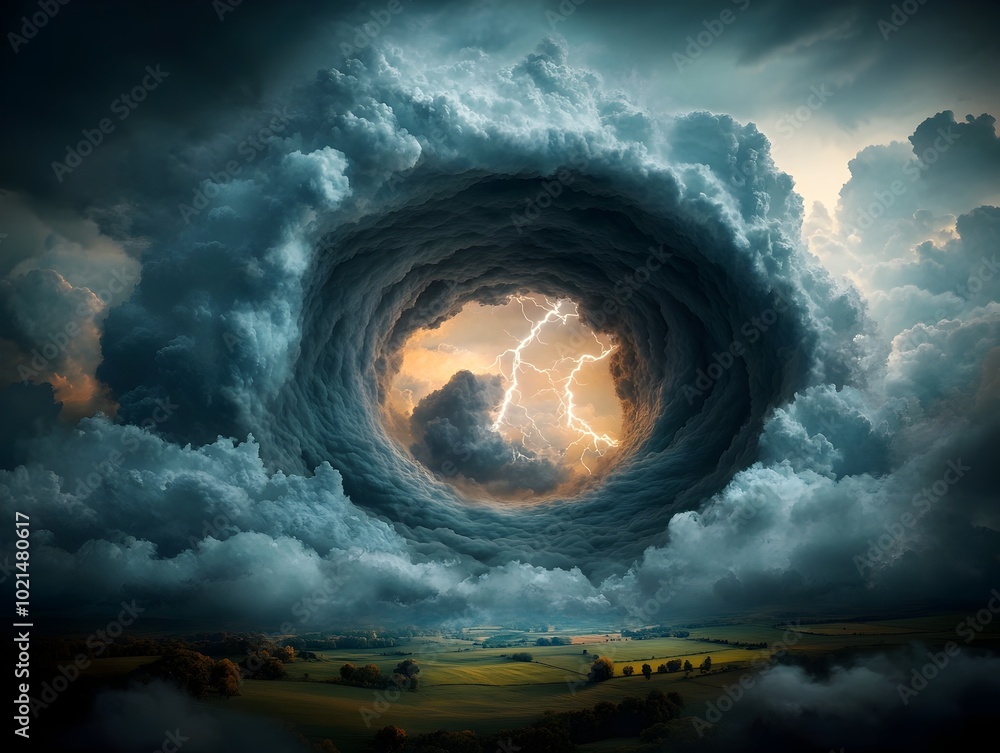 Captivating supercell thunderstorm with dense cumulonimbus clouds churning into a dramatic ...